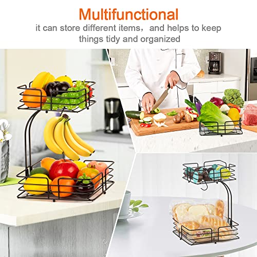 Kufutee 2 Tier Countertop Fruit Basket,Vegetables Bowl Storage With Banana Hanger,Black