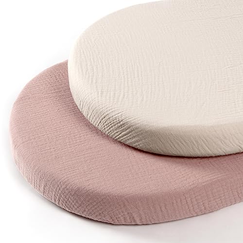 lulumoon Muslin Bassinet Sheets Fitted - Universal Cotton Baby Sheets for Rectangle, Hourglass or Oval Bassinet Mattress (Sand & Cream)