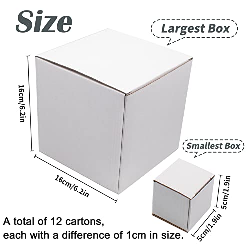 Cuyacili Prank Gift Boxes Nesting Gift Boxes Surprise Box White Carton Square Prank Box Funny Gag Gift for Weddings Anniversaries Birthday Packaging Presents 12 Nesting Cartons (1.9-6.3 Inch)