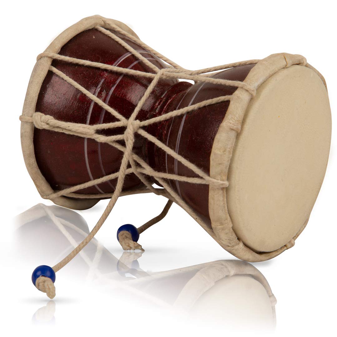 Handmade Wooden & Leather Classical Indian Folk Dumroo Damroo Damaru Hand Drum Set Percussion Decorative Collectible Showpiece World Musical Instruments (Brown)