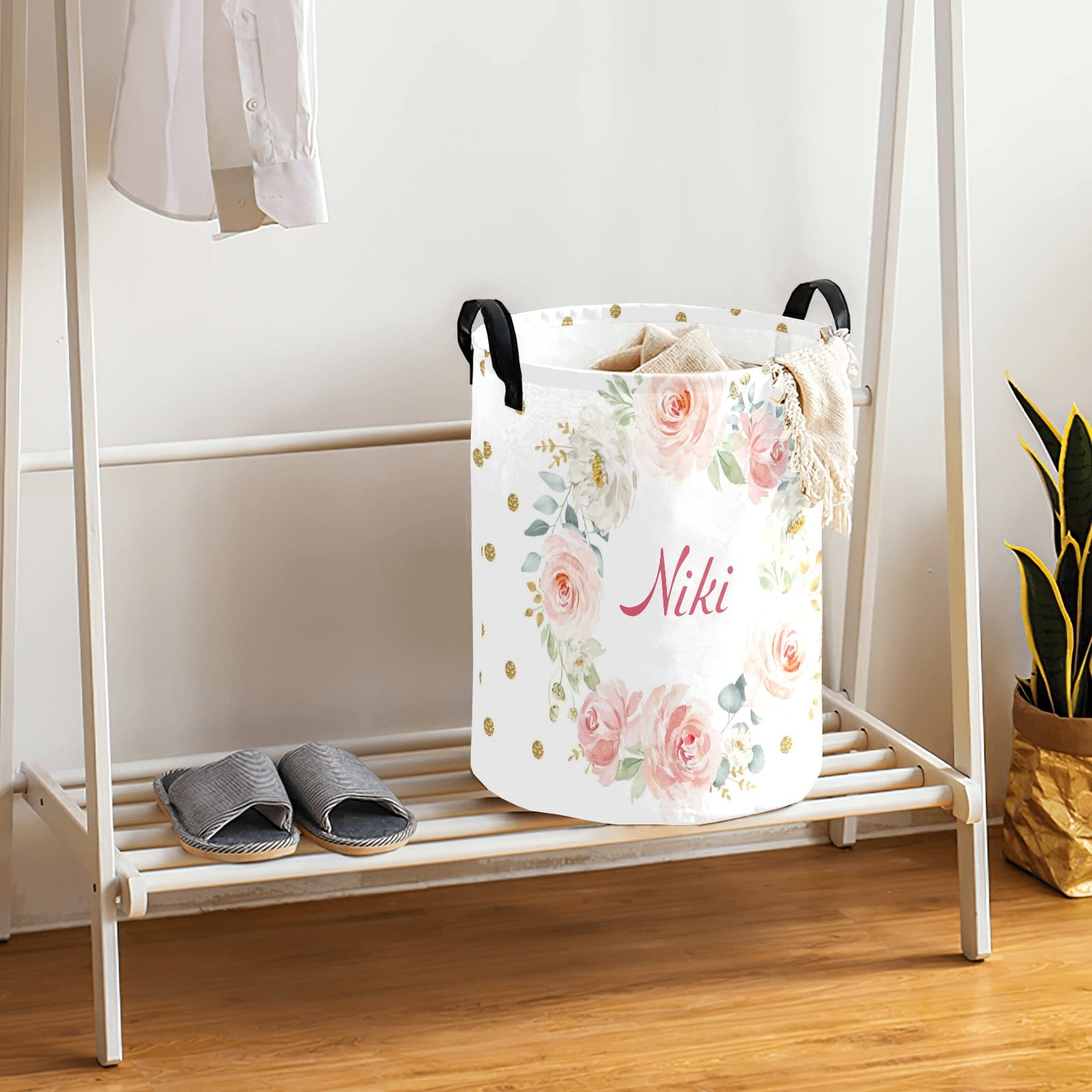 Blush Pink Gold Floral Laundry Hamper Personalized with Name Canvas Waterproof Storage Bin with Handle for Kids Nursery Hamper Gift Baskets Home Organizer