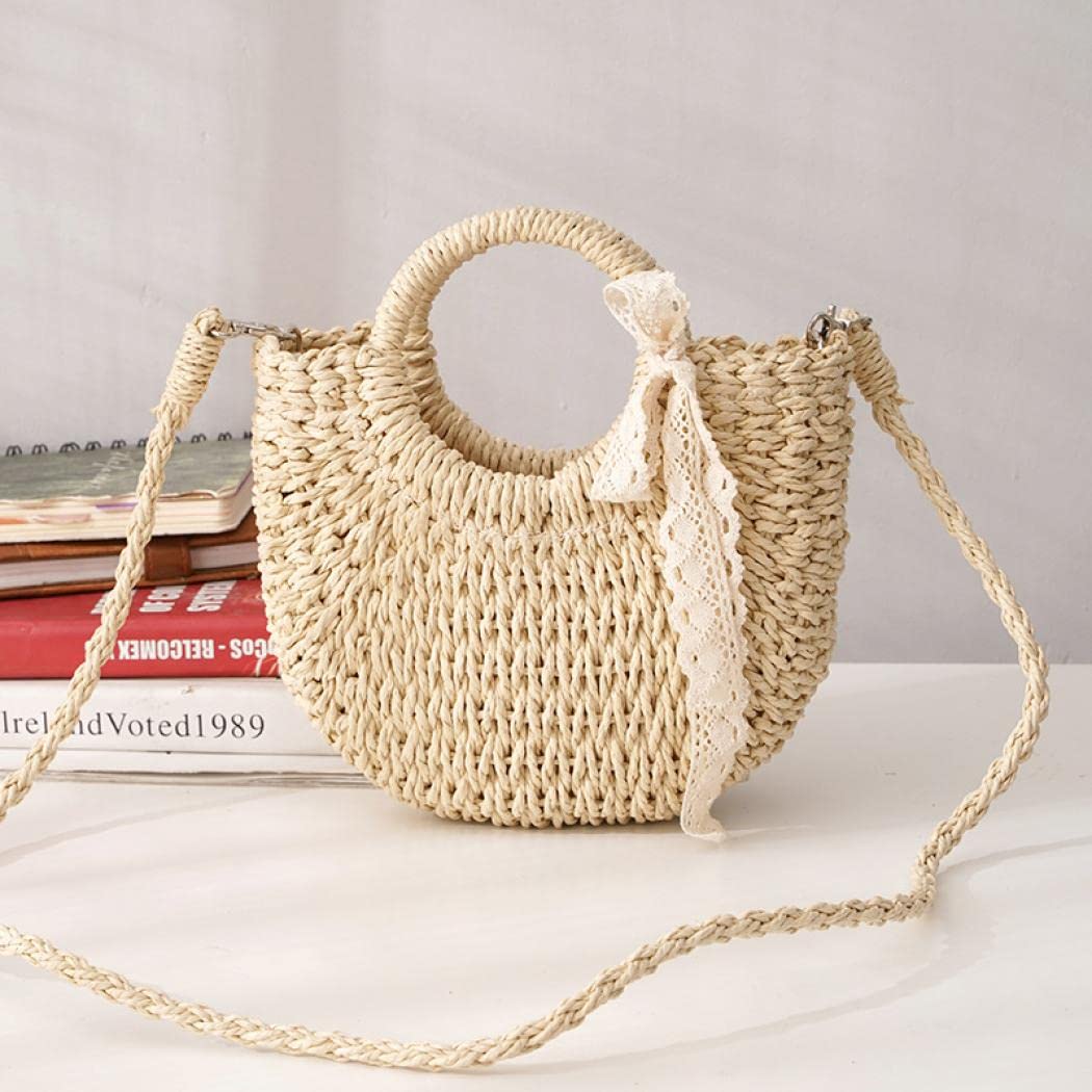 Handwoven Rattan Bag for Women Cross Body Bohemian Straw Shoulder Purse Beach Carrying Handbag (Black)