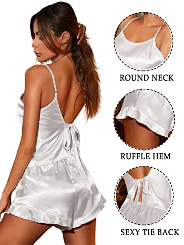Ekouaer Silk Pajamas Set for Women Backless Cami Short Set Satin Lounge Set Sets Comfy Sleepwear for Wife White
