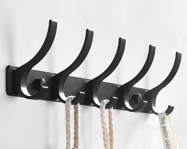 Hook Hanger with 5 Heavy Duty Metal Hooks for Hanging Coats Towels Hats Clothes, Suitable for Bedroom,Kitchen,Restroom,Bathroom Etc,Wall Mounted,Black