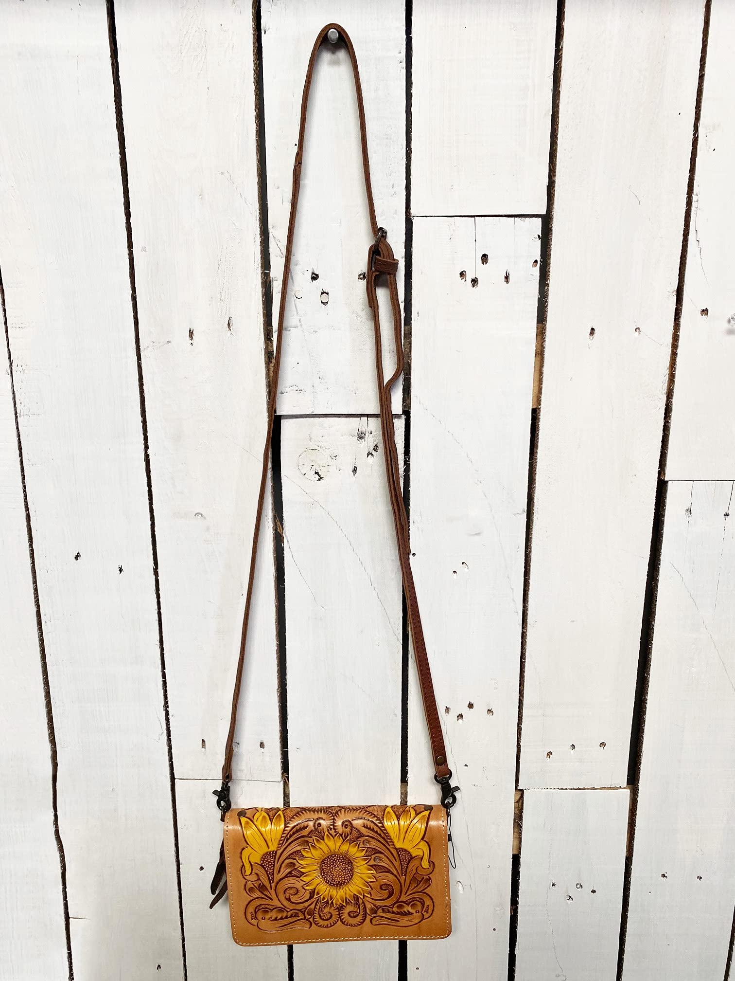 American Darling Womens Tooled Leather Sunflower Crossbody Clutch Purse, Brown