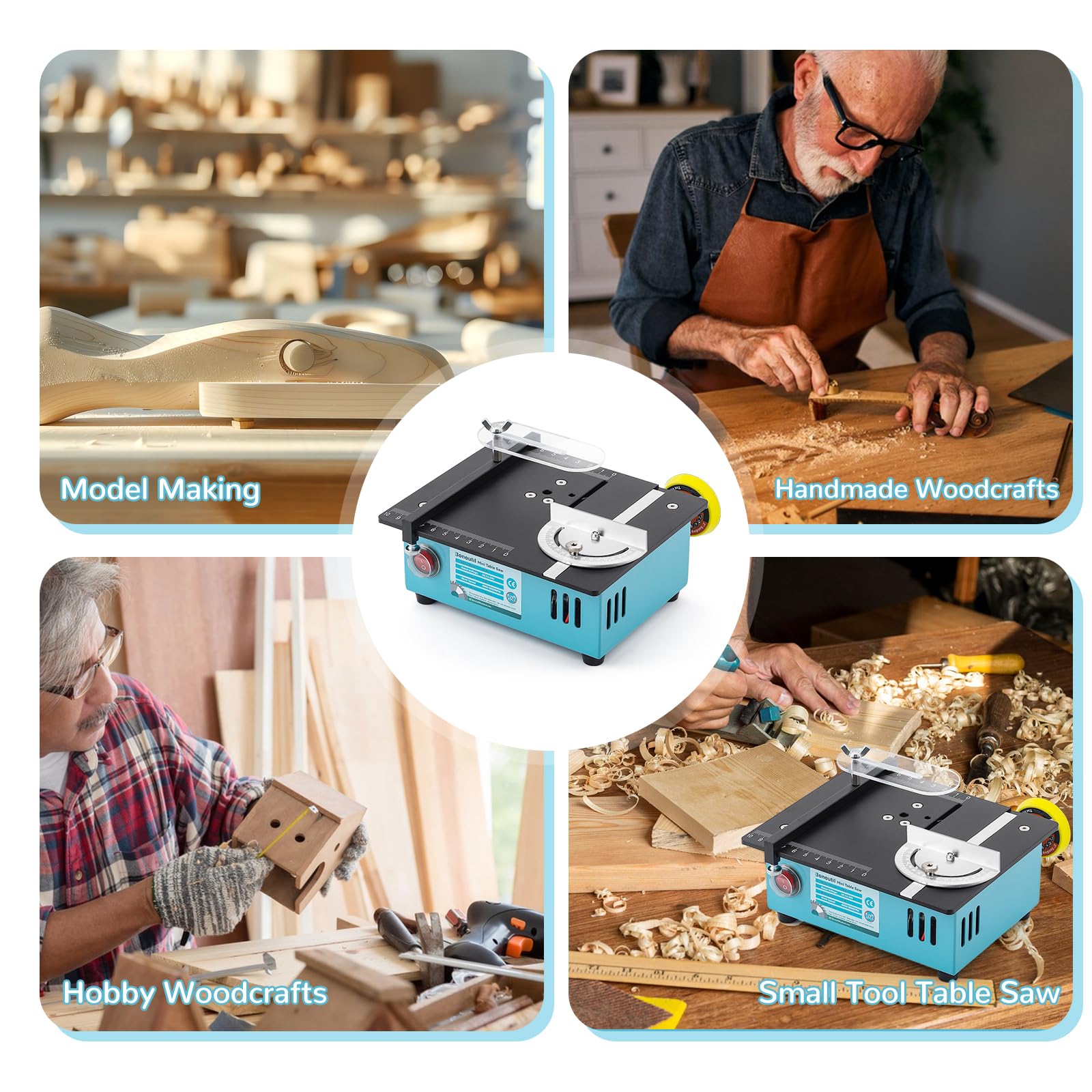 Bonoutil Mini Table Saw, 96W Dual Motor Control 4 Saw Blades Set Cut Thickness 12MM 0-90° Adjust Small Table Saw for Hobby DIY Model Wood Cutting