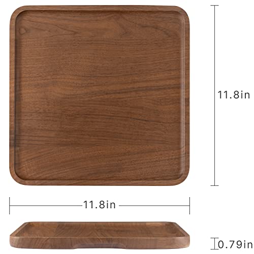 Insunen Walnut Serving Tray, Square Wood Coffee Table Tray for Food Eating, Wooden Ottoman Trays for Decor(11.8x11.8x0.7in)