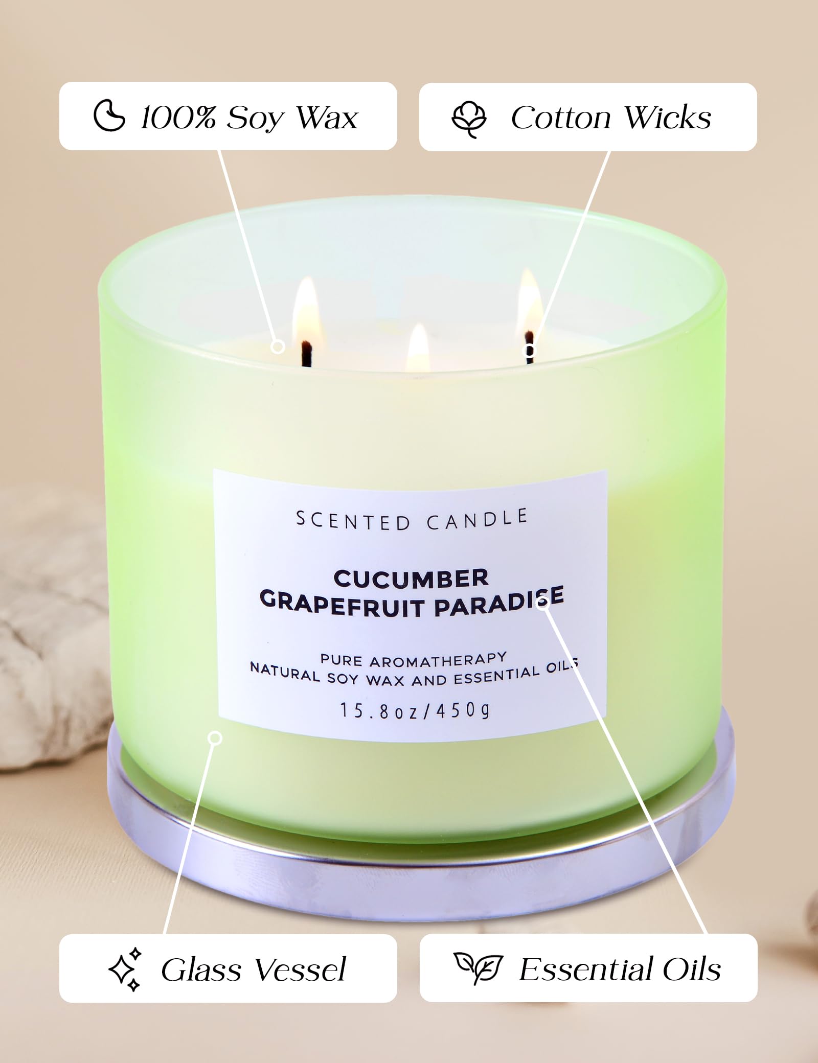 Cucumber Grapefruit Paradise Large Candle - 3 Wick Candle - Highly Scented Candle for Home 15.8 Oz - Natural Soy Candle Long Lasting, Clean Burn - Aromatherapy Stress Relief Candle for Men & Women