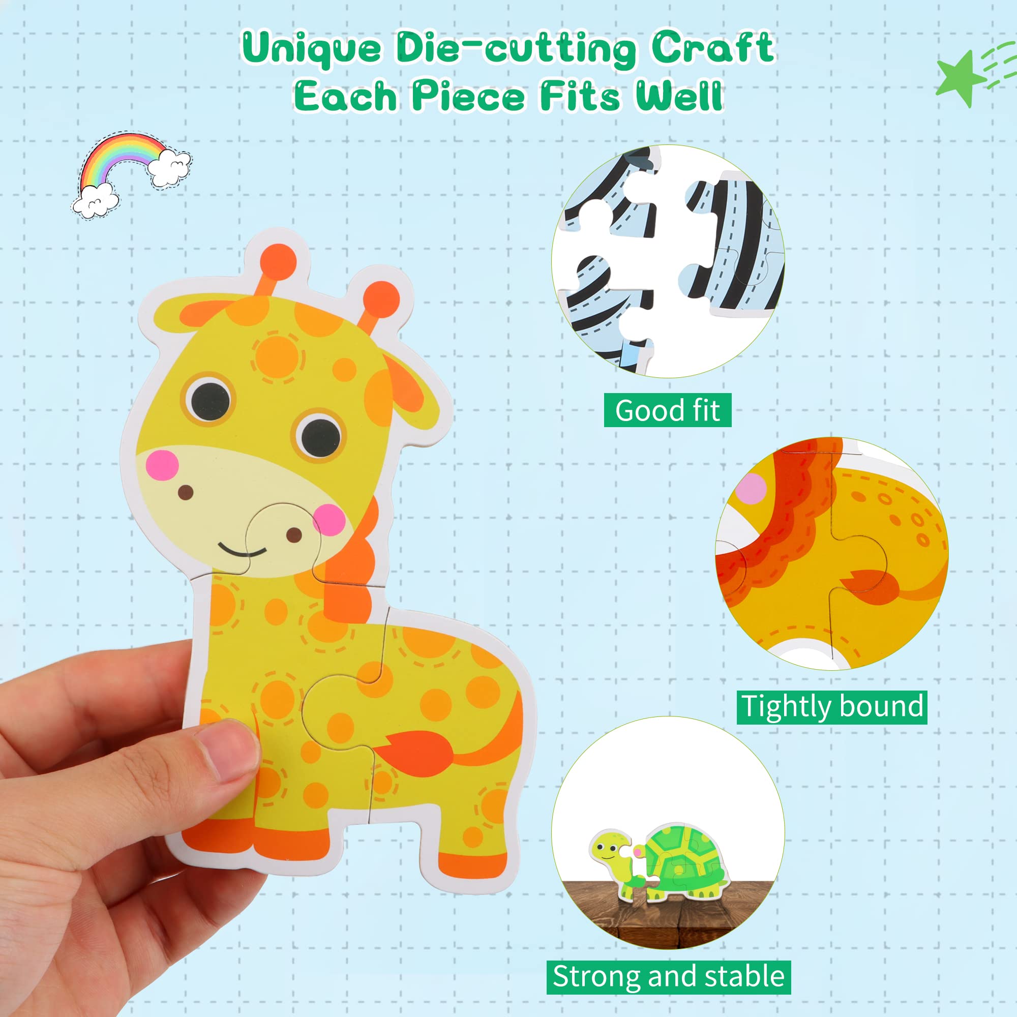 FLYINGSEEDS 6 Packs Safari Animals Shaped Wooden Jigsaw Puzzles for Toddlers Ages 1-3, Level-up Puzzles for Beginner, Montessori Learning Toys Preschool Educational Activity for Kids Ages 2-5