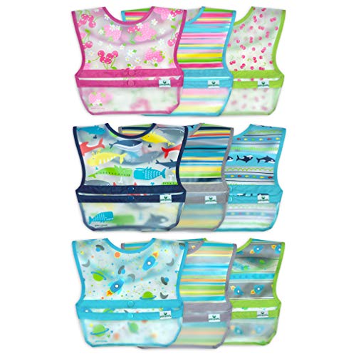 green sprouts Snap + Go Wipe-off Bibs (3 pack) | Waterproof, Easy Clean | Catch-all Pocket | Made without PVC, Formaldehyde