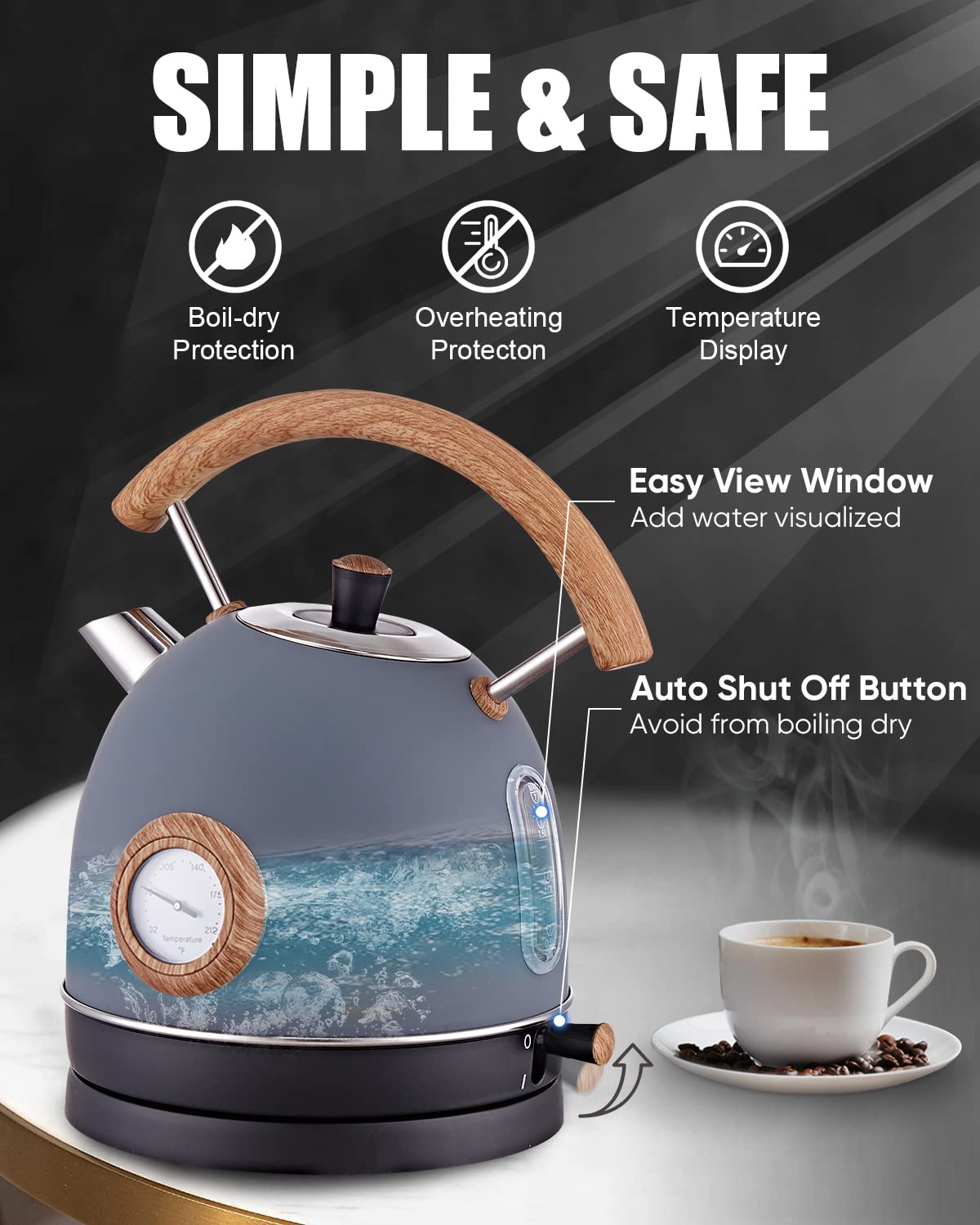 Retro Electric Kettle, 1.7L / 1500W Electric Tea Kettles for Boiling Water, Wood Pattern Handle Blue Stainless Steel Hot Water Boiler with Temperature Display, Auto Shut-off Boil-Dry Protection