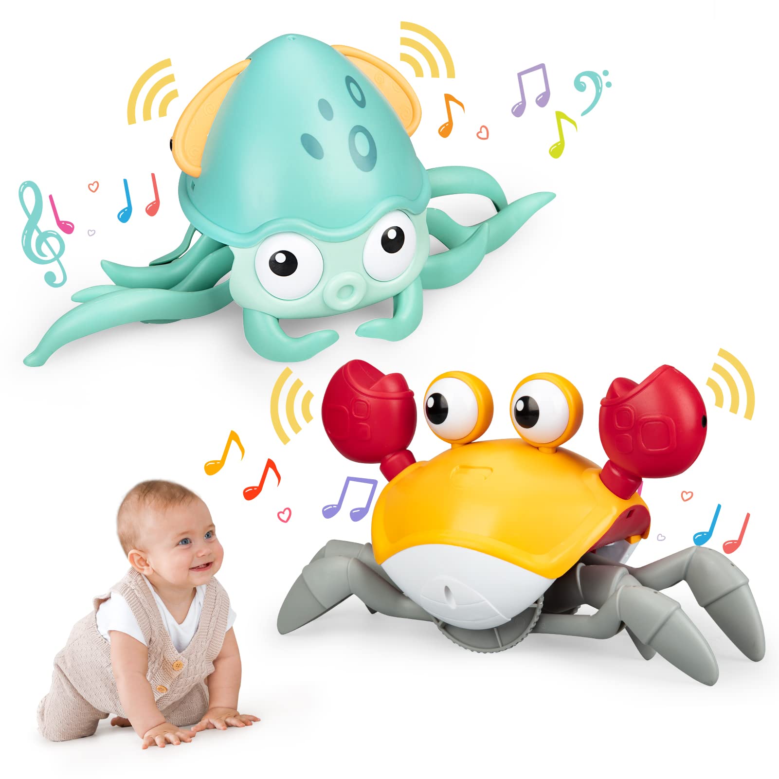 Baby Toys Crawling Crab and Octopus, Toddler Crawling Toys Automatically Avoid Obstacles, LED Light and Music Guide Baby to Crawl, Infant Toys Interactive Learning Development for Newborn Boys Girls