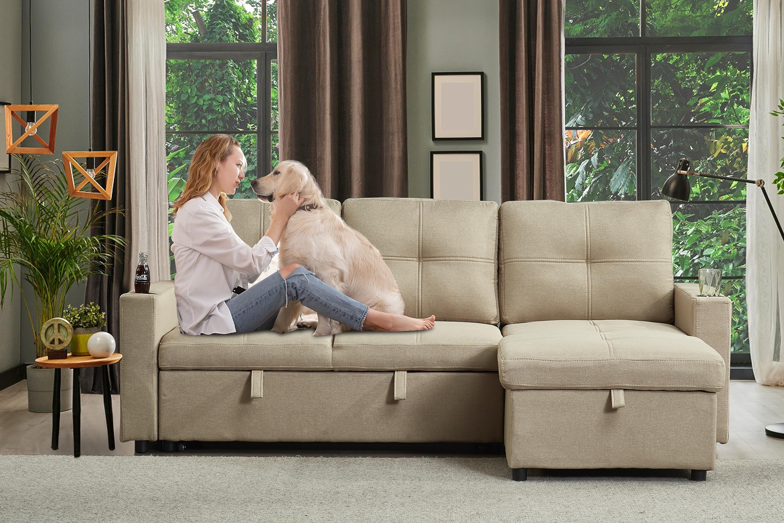 Bonrcea Pull Out Sleeper Sofa,L-Shaped Reversible Sleeper Sectional Sofa Bed with Storage Chaise for Living Room (Light.Brown)