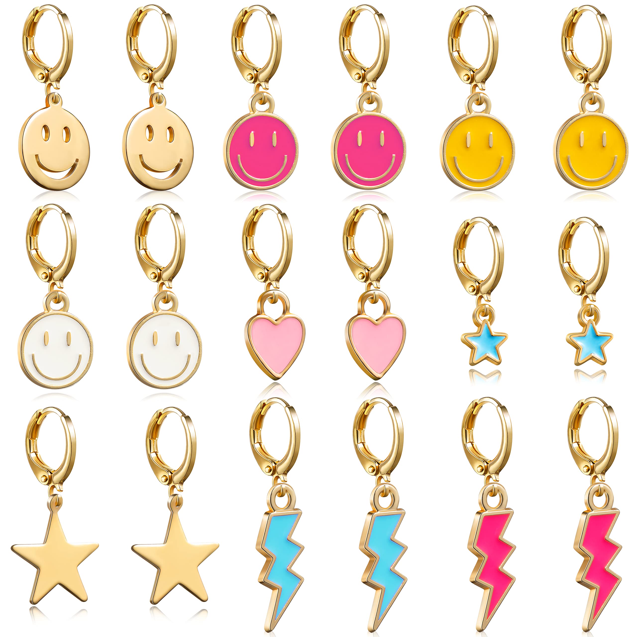 LieToi 9 Pairs Preppy Earrings Pack with Colorful Happy Smile Lightning Bolt Heart Star Charms Pendants Gold Small Huggie Hoop Dangle Earrings Trendy Y2K Preppy Jewelry Gifts for Teens Women
