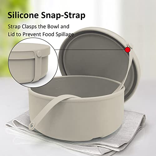 KVK Silicone Food Storage Bowl Large Lunch Container with Leakproof Strap(16.9oz, 25.4oz, 42.3oz) - Reusable for Bento Box, Food Leftover Storage, Meal Prep with Lid - Oven Freezer Safe - Light Grey