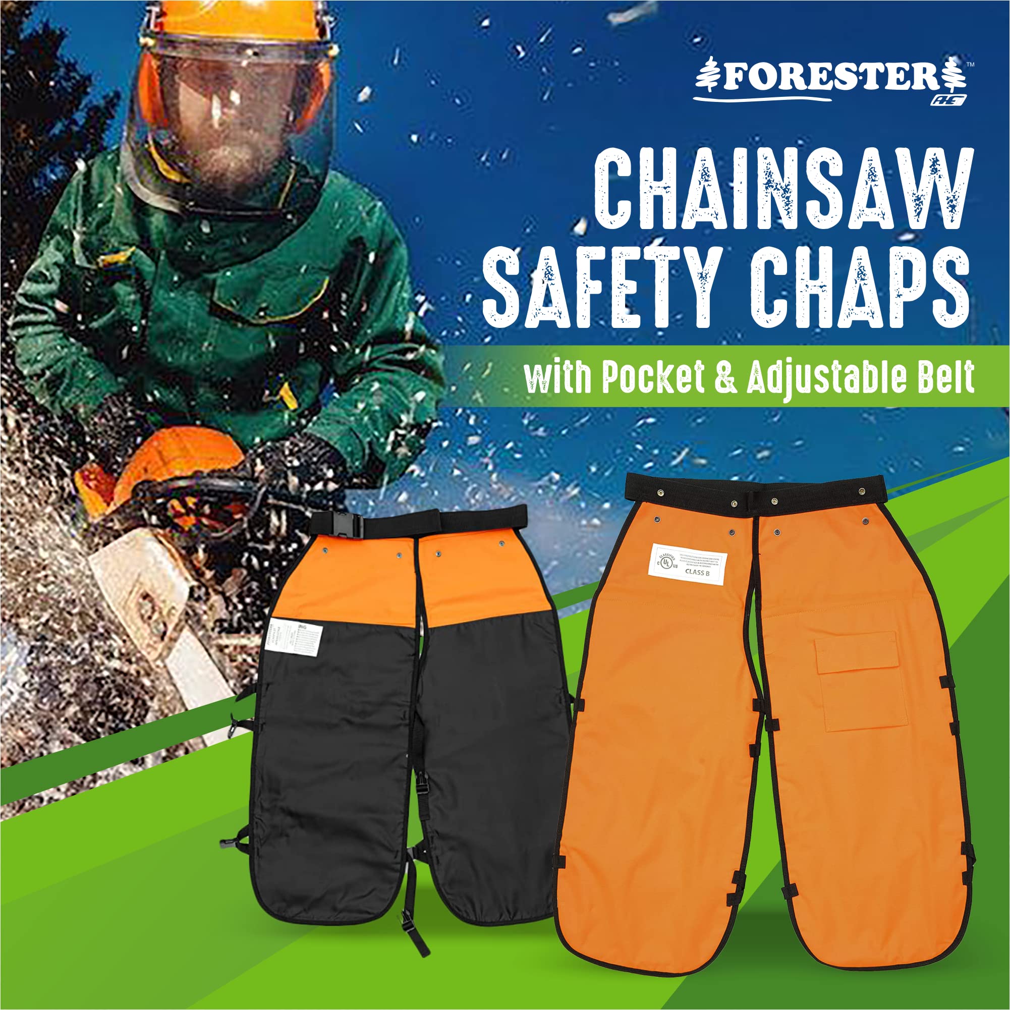 FORESTER Chainsaw Chaps for Men - Adjustable Belt - Chain Saw Chaps for Men, Apron Style W/Pocket, Chainsaw Safety Equipment, Chainsaw Safety Gear, Chainsaw Safety Chaps for Weed Eater