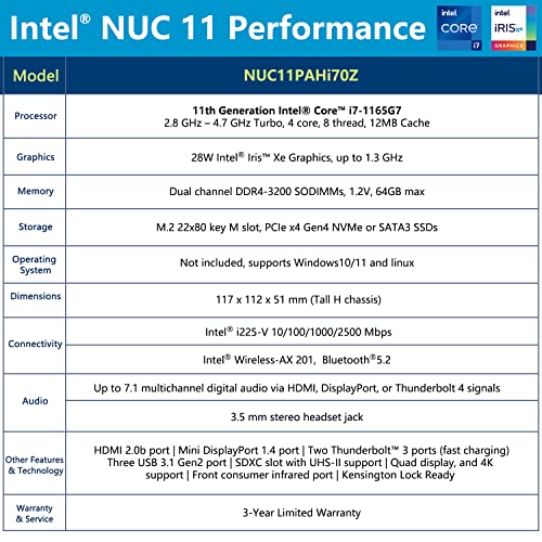 Intel NUC 11 NUC11PAHi70Z Mini PC Barebone Kit, Core i7-1165G7 4-Core, 2.8 GHz–4.7 GHz Turbo, 28W Intel Iris Xe Graphics, iFi 6, BT 5.0 Thunderbolt 3, 8K & Quadruple Monitor Capable (No RAM+SSD+OS)