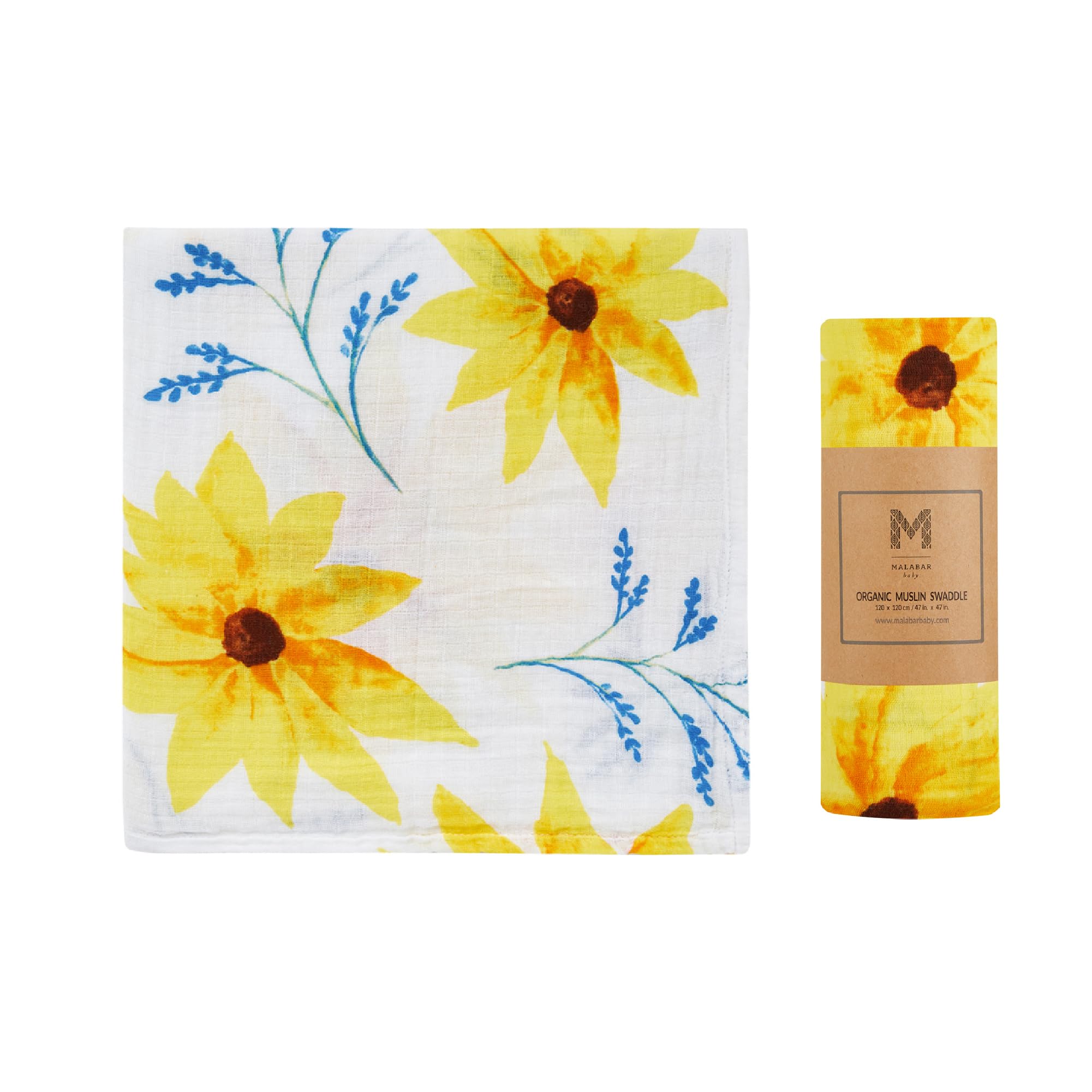 Malabar Baby Hypoallergenic Baby Swaddle Blanket, Large Soft Cotton Muslin Receiving Blanket for Unisex, 47 X 47 inch Sunflower