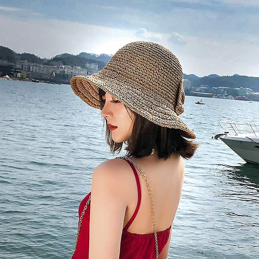 Foldable Wide Brim Floppy Straw Beach Sun Hat,Summer Cap with Bowknot for Women Girls,Strap Adjustable (2 Pack Beige & Khaki)
