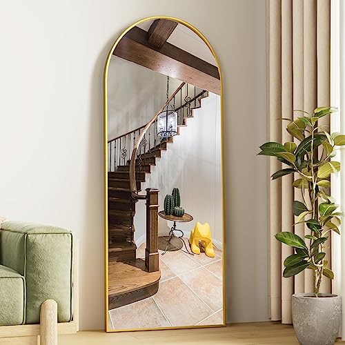 Floor Mirror, 64"x21" Gold Full Length Mirror, Arched Mirror Full Length, Freestanding Mirror, Arch Floor Length Mirror with Thin Aluminum Frame Hanging or Leaning, Wall Mounted Mirror for Bedroom
