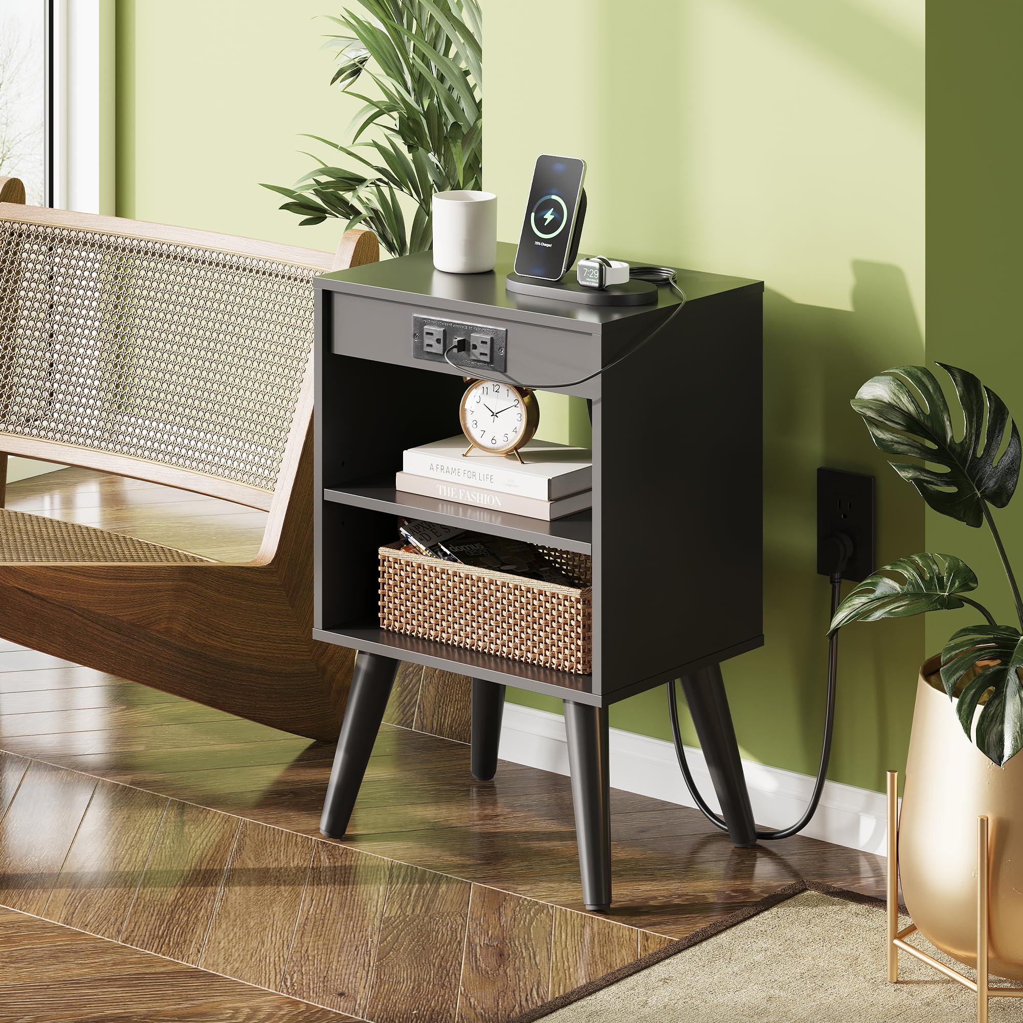 WLIVE White Nightstand, Bedside Table, Night Stand with Charger Station, Side Table with Storage Shelf, End Table with USB Ports and Outlets for Bedroom, 15.12" D x 11.73" W x 23.74" H