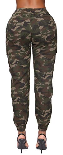 Double Denim Women's High Waist Jogger Pants - Casual Cargo Elastic Waistband Sweatpants Tapered Fatigue with 6 Pockets SCP-2049 Camo XL