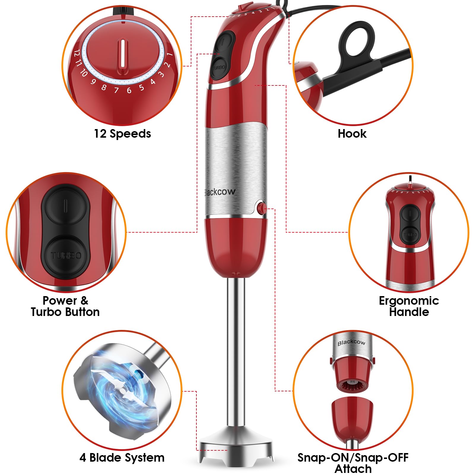 Blackcow Powerful Immersion Blender 3.0, BPA-Free, 800W Electric Hand Blender with 12-Speed&Turbo, Stick Blender for Soup, Smoothie, Puree, Detachable Base, 304 Stainless Steel 3D Blades, Red