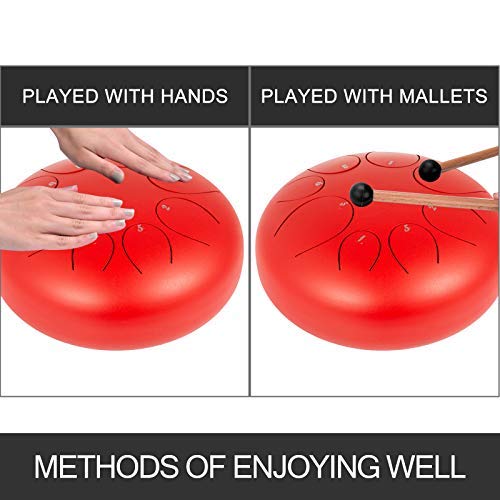Happybuy Steel Tongue Drum 8 Notes 10 inches Mini Tongue Drum Red Handpan Drum Notes Percussion Instrument Steel Drums Instruments with Bag, Music Book, Mallets,Mallet Bracket