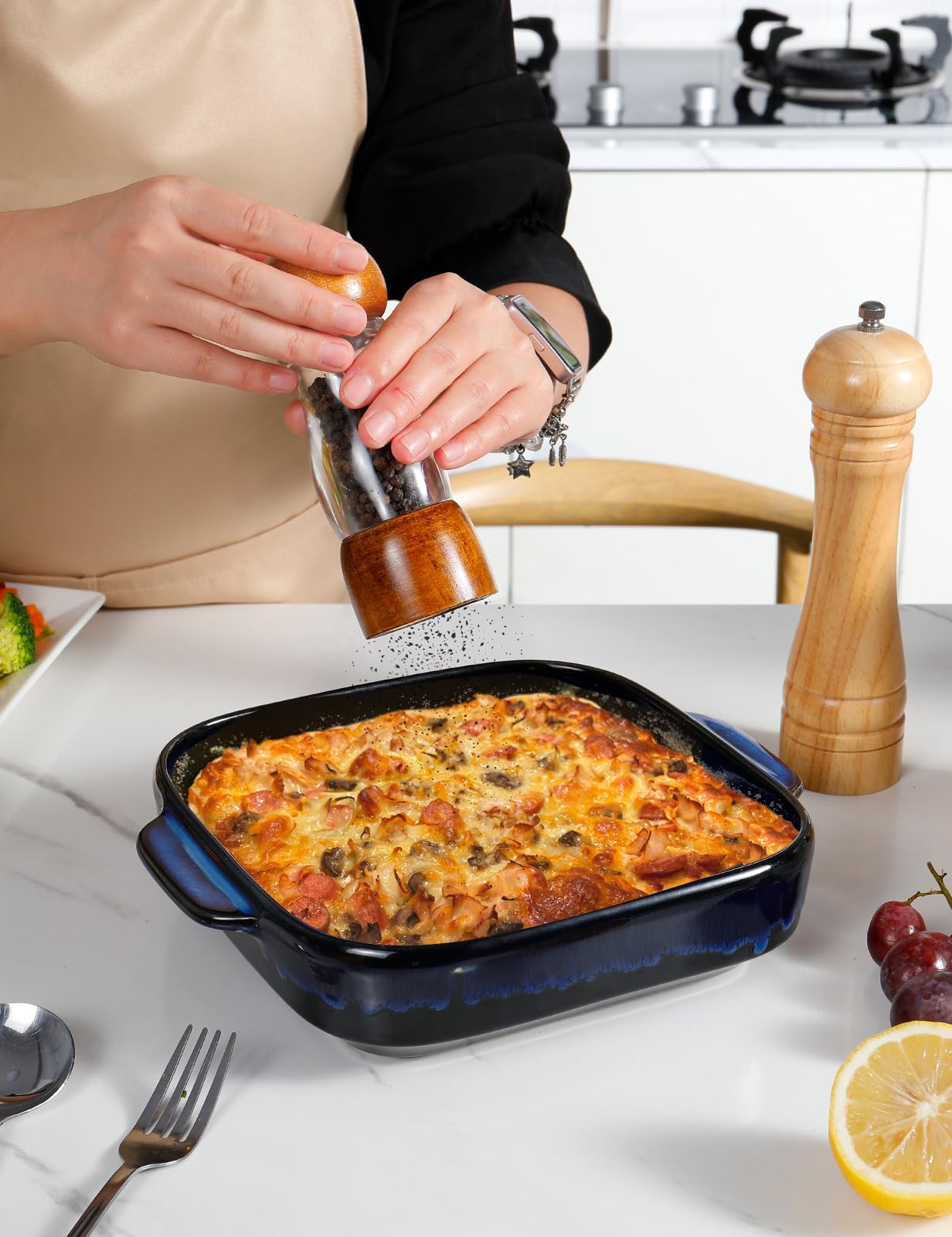 Ceramic Baking Dish - 8x8 Deep Square Baking Pan, Lasagna Pan with Double Handles, Non-Stick Casserole Pan for Oven, Brownie, Lasagna, Roasting - Home Gift (Reactive Glaze Blue)