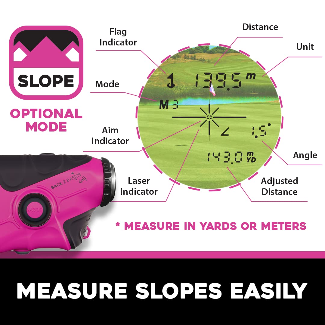 BACK 2 BASICS GOLF | Pro Vision Golf Rangefinder with Slope, 8X Zoom, 800 Yards | Pink | Waterproof Range Finder with 3 Modes | Adjustable Lens | Golf Distance Yardage Device | Premium Golf Gear