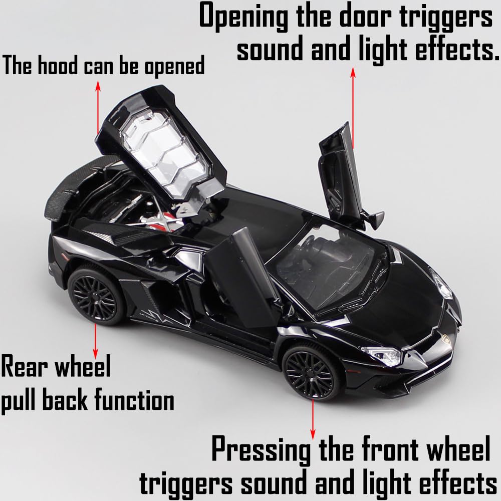 iLooboo Alloy Collectible Black Lambo Toy Car Model Pull Back Die-Cast Vehicle with Lights and Sound