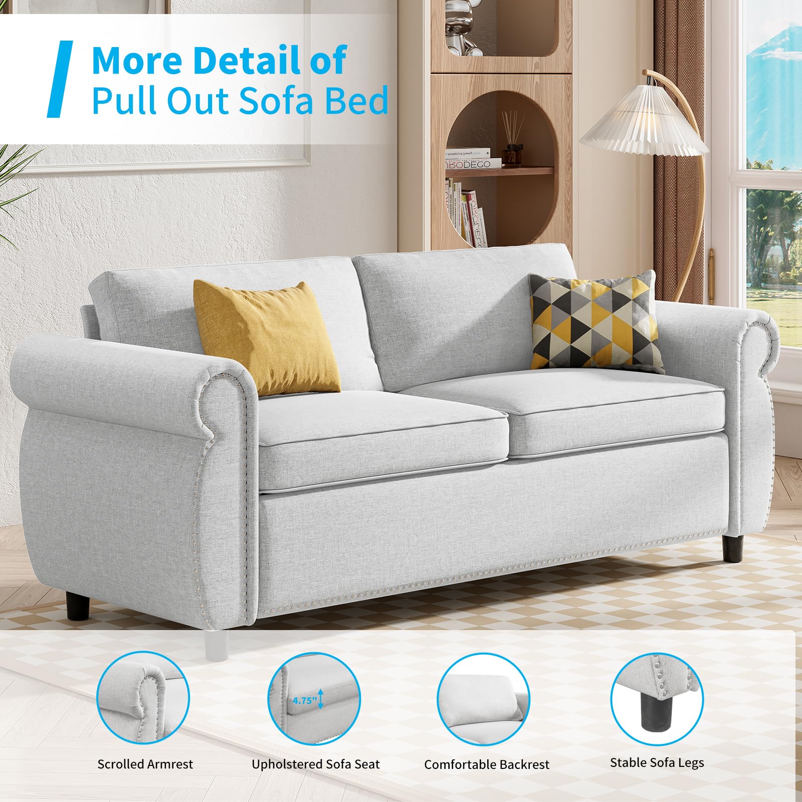 Mjkone Full Size Sleeper Sofa with 4" Foldable Memory Foam Mattress, 2 in 1 Upholstered Pull Out Sofa Bed with Nailhead Armrests, Modern Linen Pull Out Couch for Living Room Apartment Office, Gray