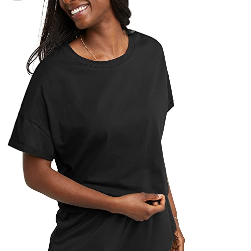 Hanes Women's Originals Boxy T-Shirt with Rolled Sleeves, 100% Cotton Crop Top, Black