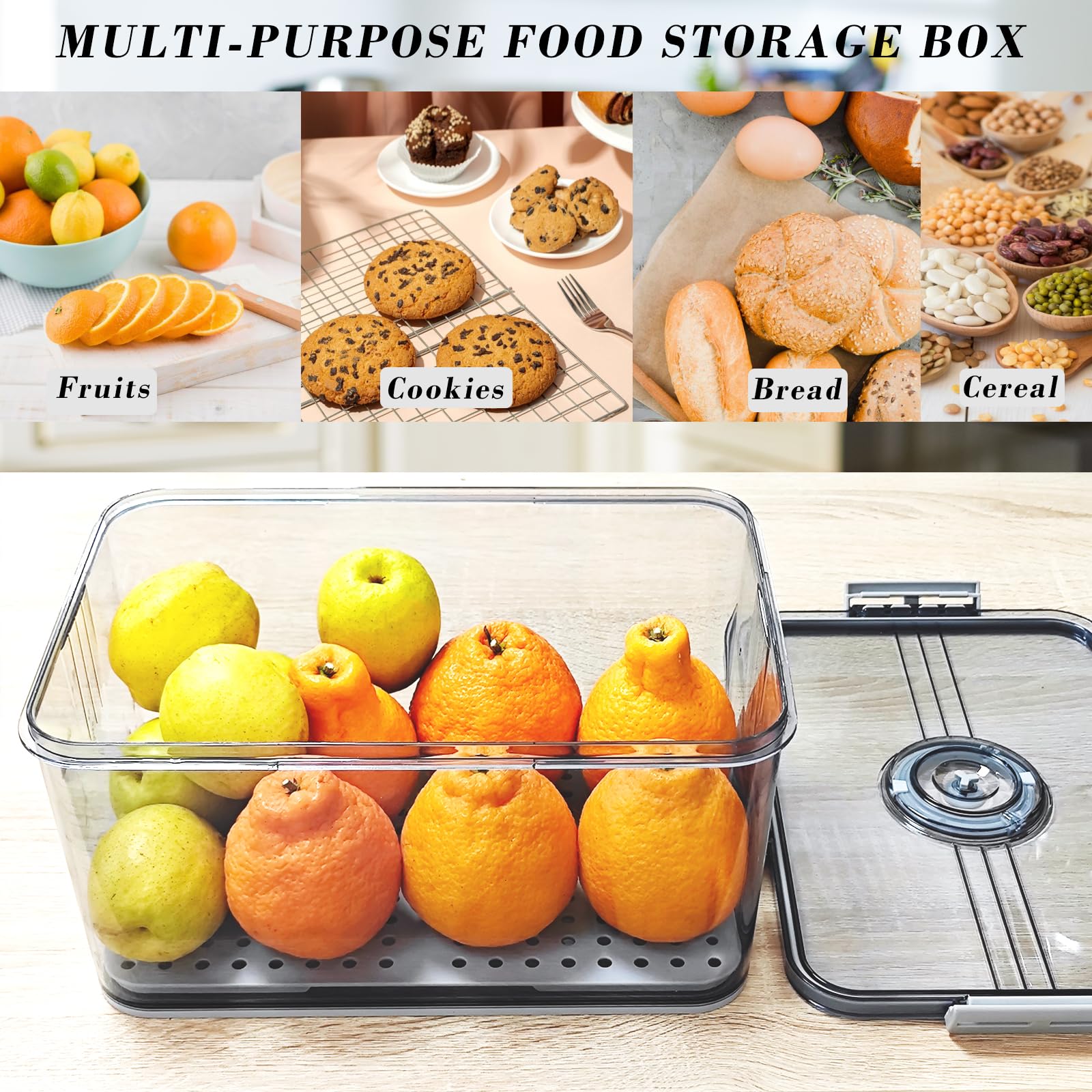 Bread Box with Lid for Kitchen Counter, 10L Airtight Loaf Bread Storage Container,Time Recording Bread Keeper for Homemade Bread, Toast, Bagel, Donut and Cookies (Grey)