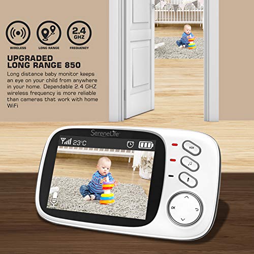 SereneLife Wireless Video Baby Monitor - Dual System w/Temperature Thermometer Sleep Camera, 3.2β Digital Color Screen Wireless Rechargeable Battery, Audio Speaker and Portable Mobile Clip - SLBCAM20