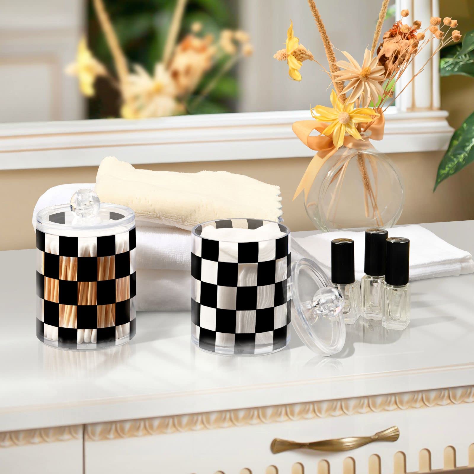 Fustylead 2 Pack Checkered Qtip Holder Dispensers, Plastic Apothecary Jar Bathroom Accessories Set for Cotton Ball, Swab, Round Pads, Floss