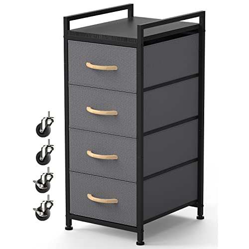 DOMYDEVM 4 Tier Drawer Closet Organizer Tower Clothing Storage Drawers Small Black Nightstand Fabric Organizer Unit with Wooden Top for Bedroom, Living Room, Nursery Room