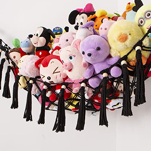 MAKEONEWO Stuffed Animal Toy Hammock Hanging- Macrame Toy Hammock with Tassels-Stuff Animals Organizer Storage Boho Large Corner Plush Toys Net Holder for Nursery, Play Room, Kids Bedroom (Black), 1 Pack