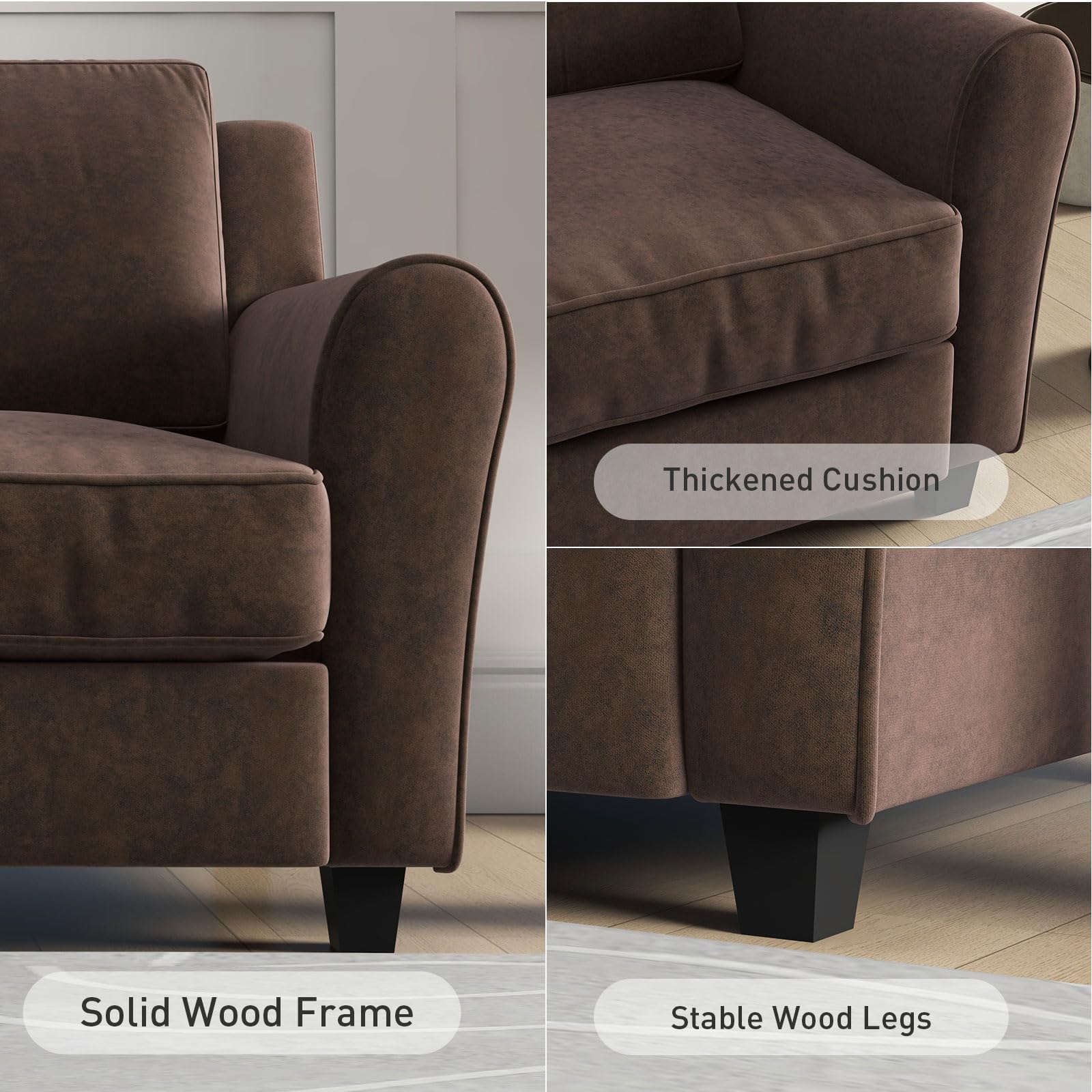 Bonzy Home 80.7" Sofa, 3 Seater Sofa Couch for Living Room, Modern Couch with Thick Cushion for Apartment Office, Brown