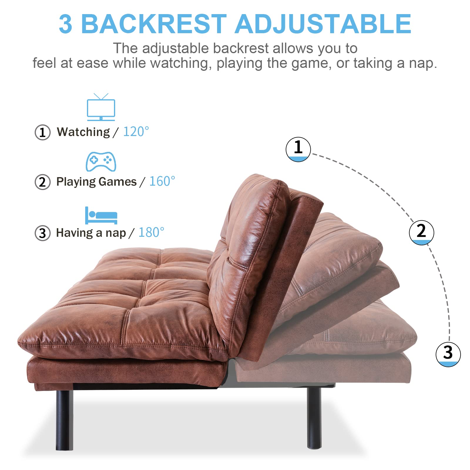 Opoiar Faux Leather Sleeper Sofa,Memory Foam Futon Sofa Bed,Foldable Couch Sleeper,Compact Sofa Padded with Metal Legs, Modern Convertible Loveseat Sofa for Living Room,Apartment,Studio,Brown