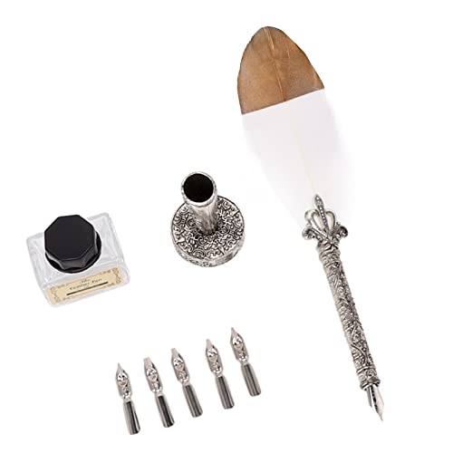 Feather Pen and Ink Set, Glittering Quill Pen Set Antique Calligraphy Dip Pen with Ink, 2 Replacement Nibs, Pen Stand Base, Luxury Vintage Signature Pen