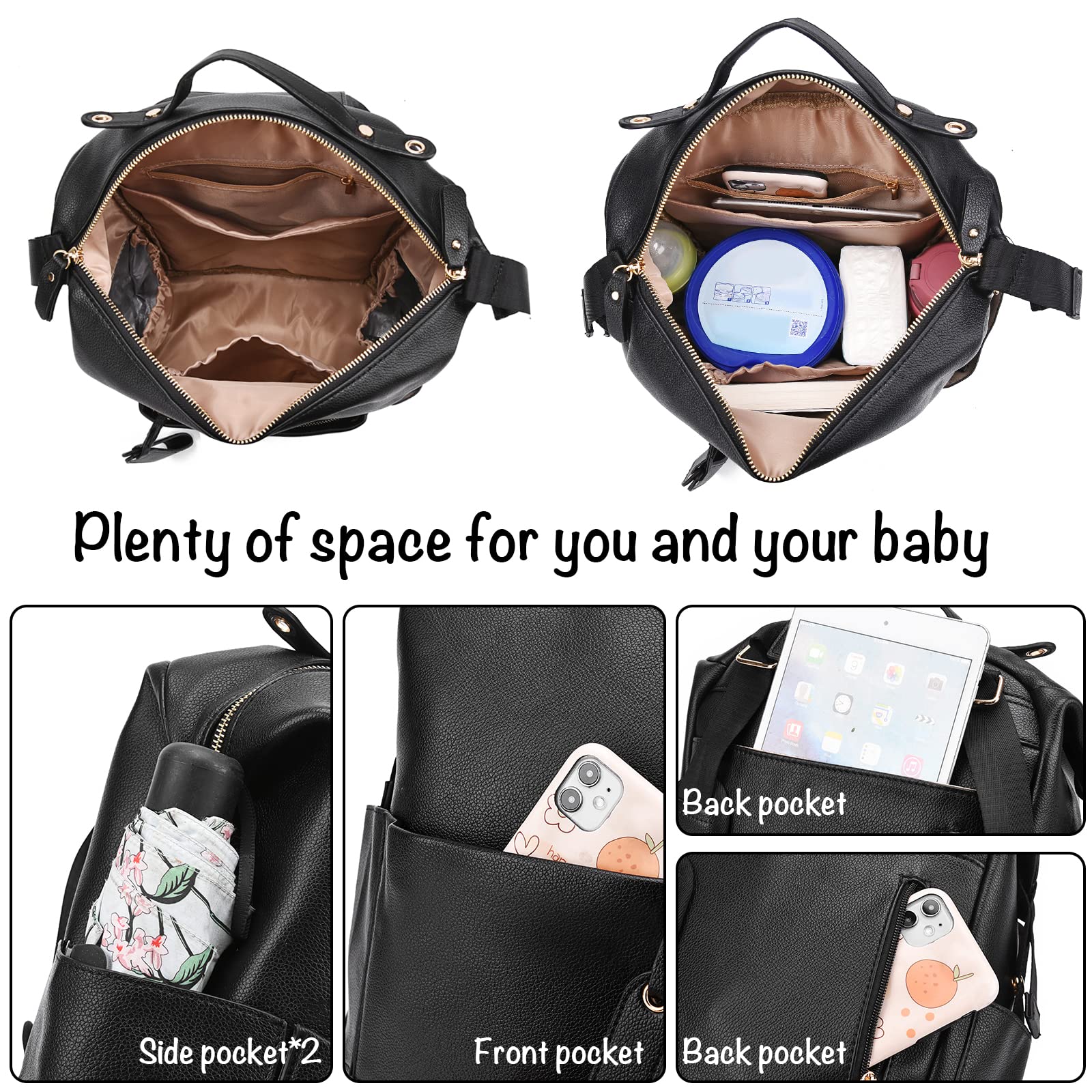 Diaper Bag Backpack for Mom Pu Leather Waterproof Multifunctional Large Capacity Travel Baby Bag with Changing Pad for Boy Girl Stroller Straps 2pcs Black