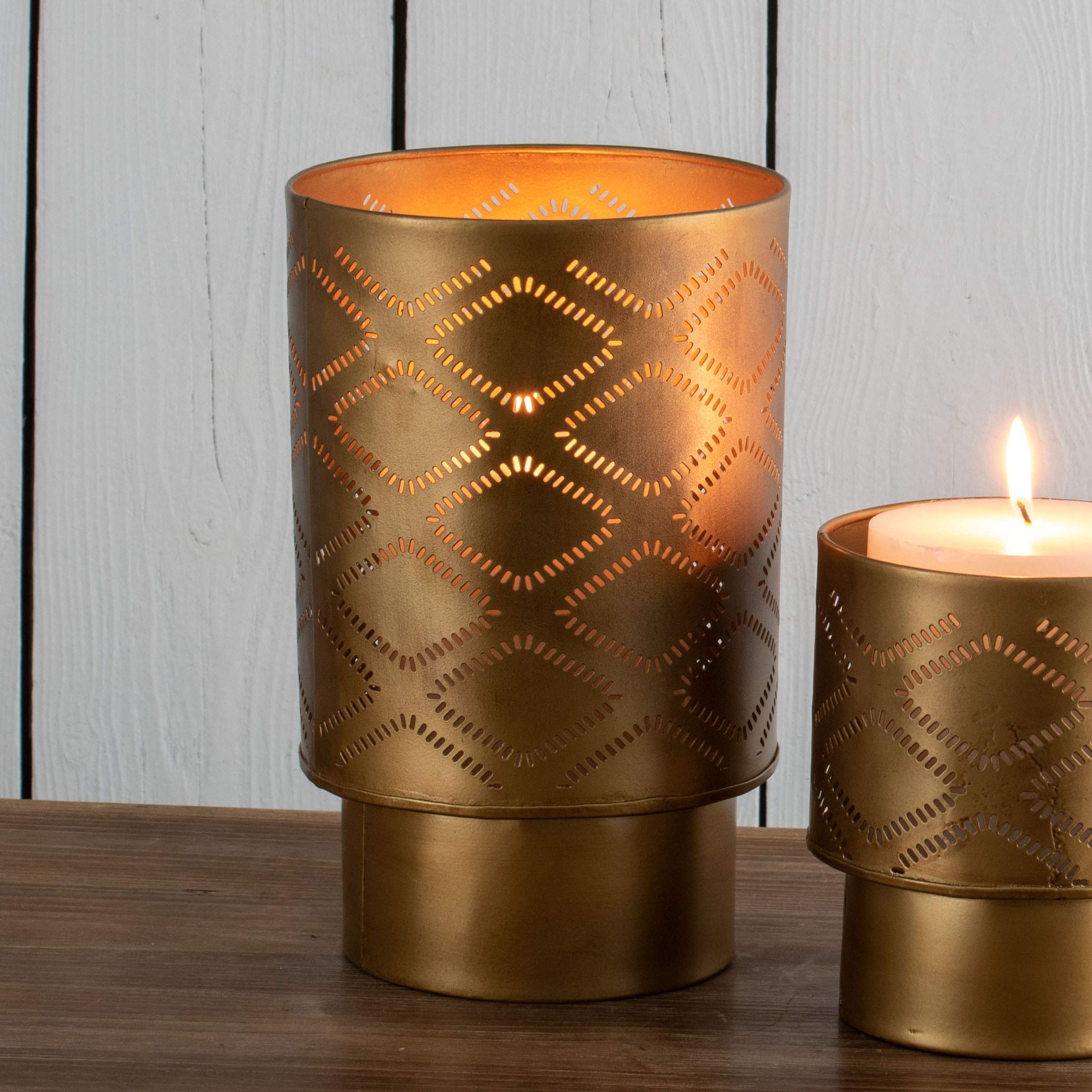 Foreside Home & Garden Brass Antique Large Pierced Metal Pillar Candle Holder