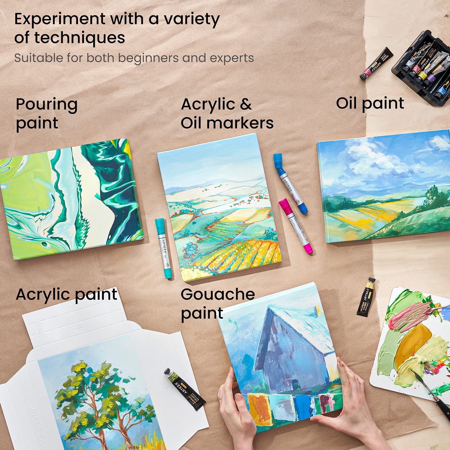 Arteza Foldable Canvases and Acrylic Paint Set 60 Bundle for Painting, Drawing
