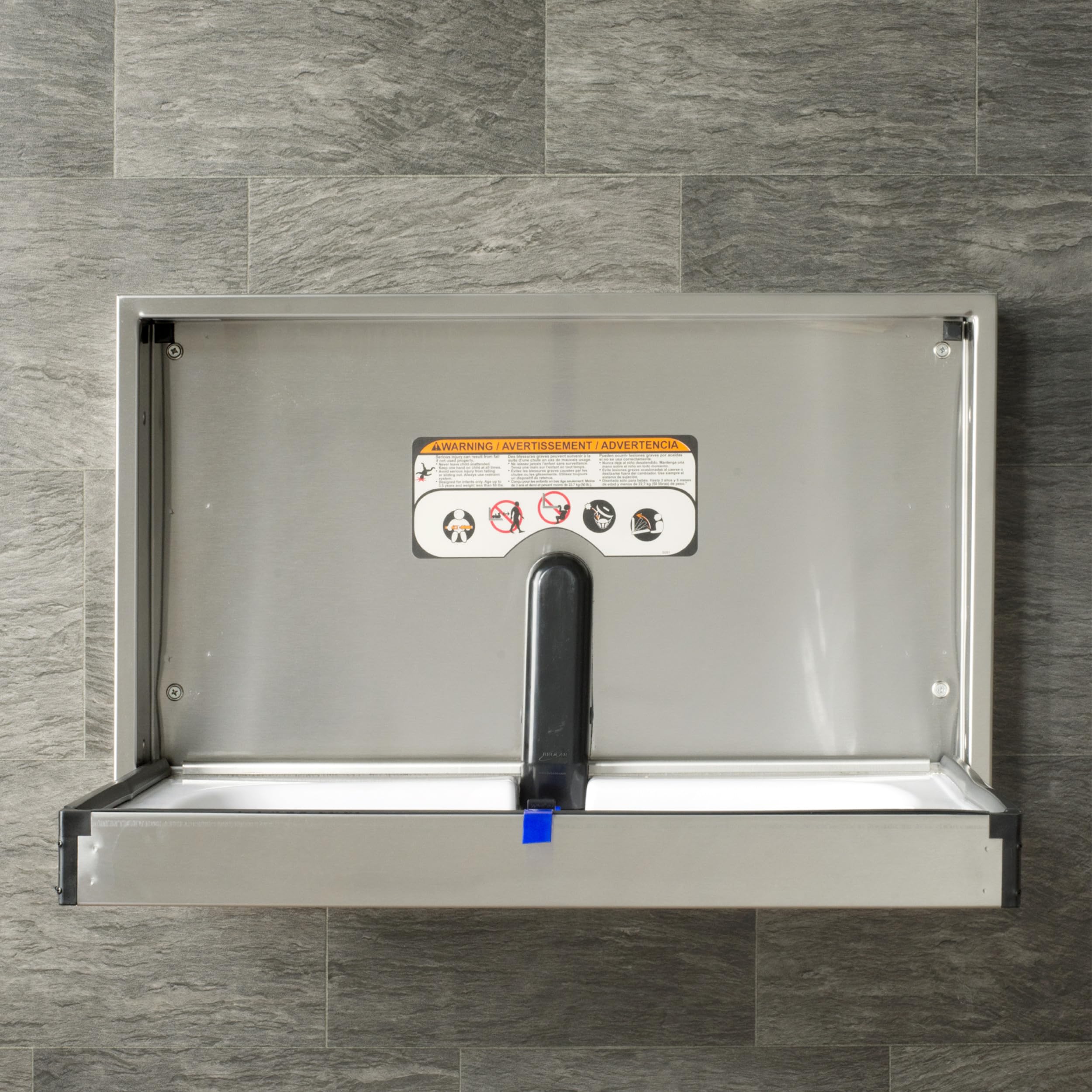 Foundations 100SS-R Premier Stainless Steel Horizontal Baby Diaper Changing Station with Recessed Mount, Heavy Duty Steel Hinges, One Handed Adjustable Safety Belt