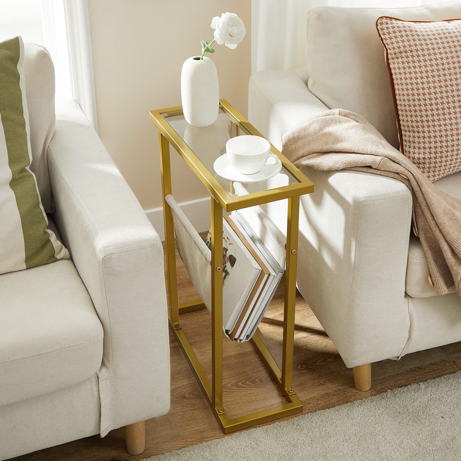 HOOBRO Narrow End Table, Tempered Glass Side Table, Small Nightstand, Bedside with Storage Holder, Coffee Table for Small Spaces, Bedroom, Living Room, Easy Assembly, Sturdy, Gold GD78BZ01
