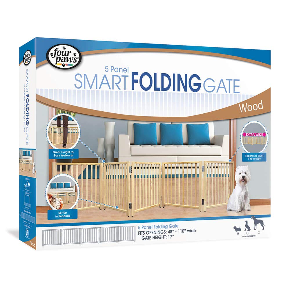 Four Paws Smart Folding Free Standing 5-Panel Wood Dog Gate, 48"-110" W by 17" H