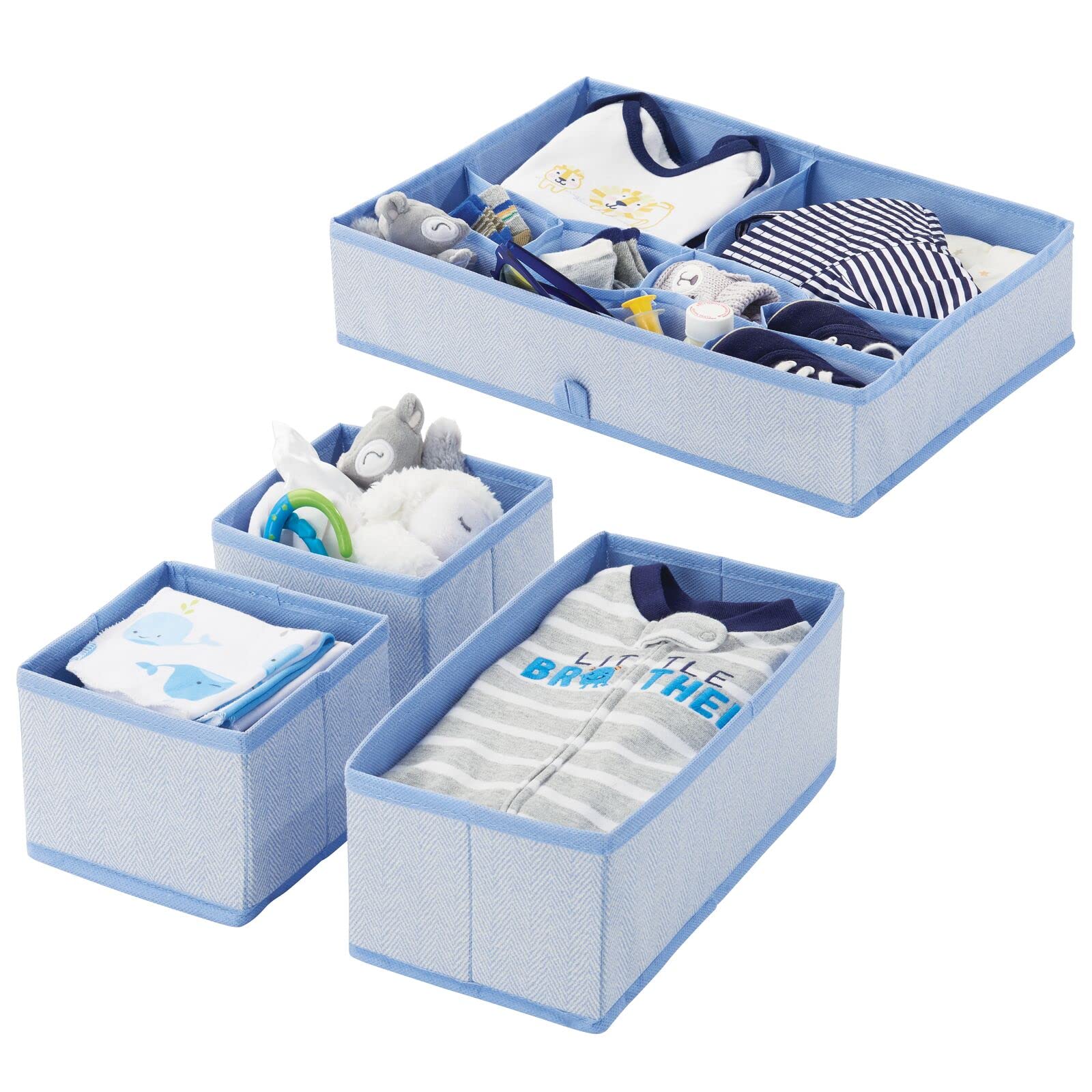 mDesign Fabric 4-Piece Drawer Organizer Bins, Kids/Baby Nursery Dresser, Closet, Shelf, Playroom Organization, Hold Clothes, Toys, Diapers, Bibs, Blankets, Blue Herringbone