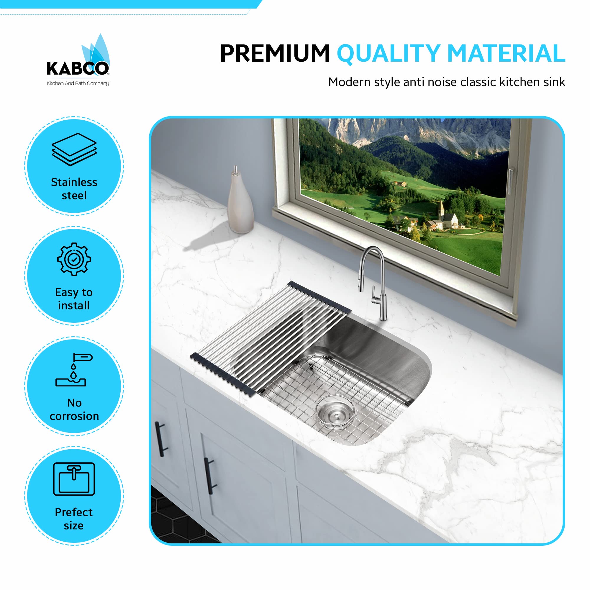 KABCO 23 Inch Single Bowl Stainless Steel Classic Kitchen Bar Sink, Rust, Sound and Heatproof Swirl Finish Stainless Steel Deep Sink with Kitchen Sink Strainer, Bottom Sink Grid and a Rolling Up Grid
