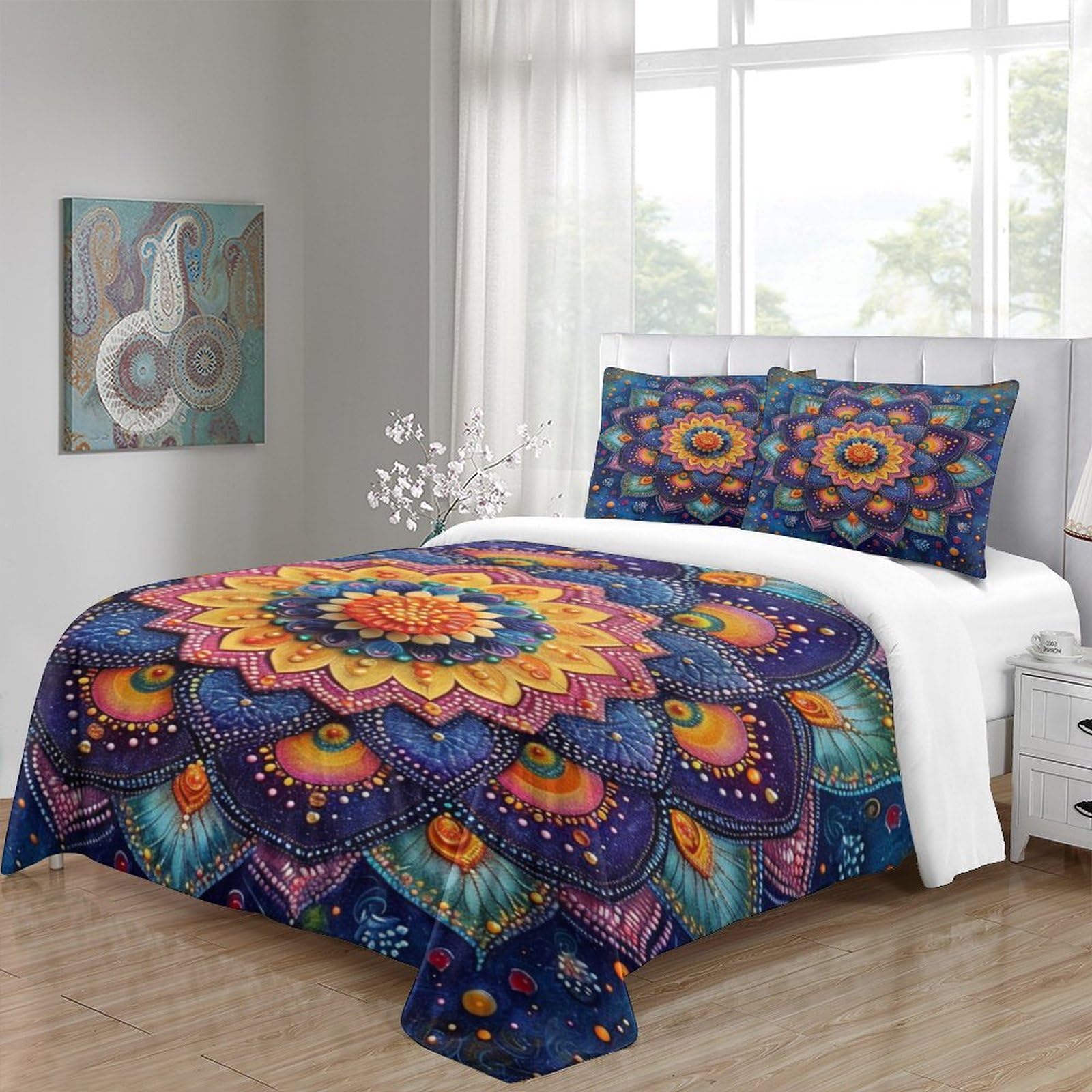 Bohemian Mandala 3D PrintedBeautiful Patterns Comforter Covers Bedding Set Quilt Cover Duvet Cover 3 Pieces for Childrens And Adults Microfiber with Pillowcases with Zipper Closure Queen(228x228cm)
